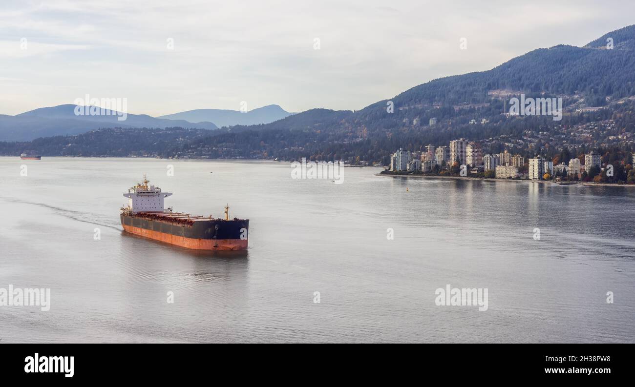 Aerial View of West Vancouver, Burrard Inlet and Container Ship Stock ...
