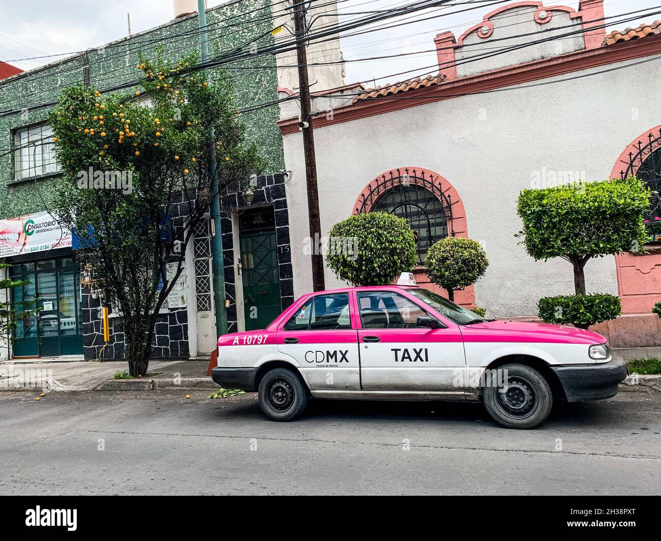 Taxi, pink color in Mexico City. Mexico City, Ciudad de Mexico, DF ...