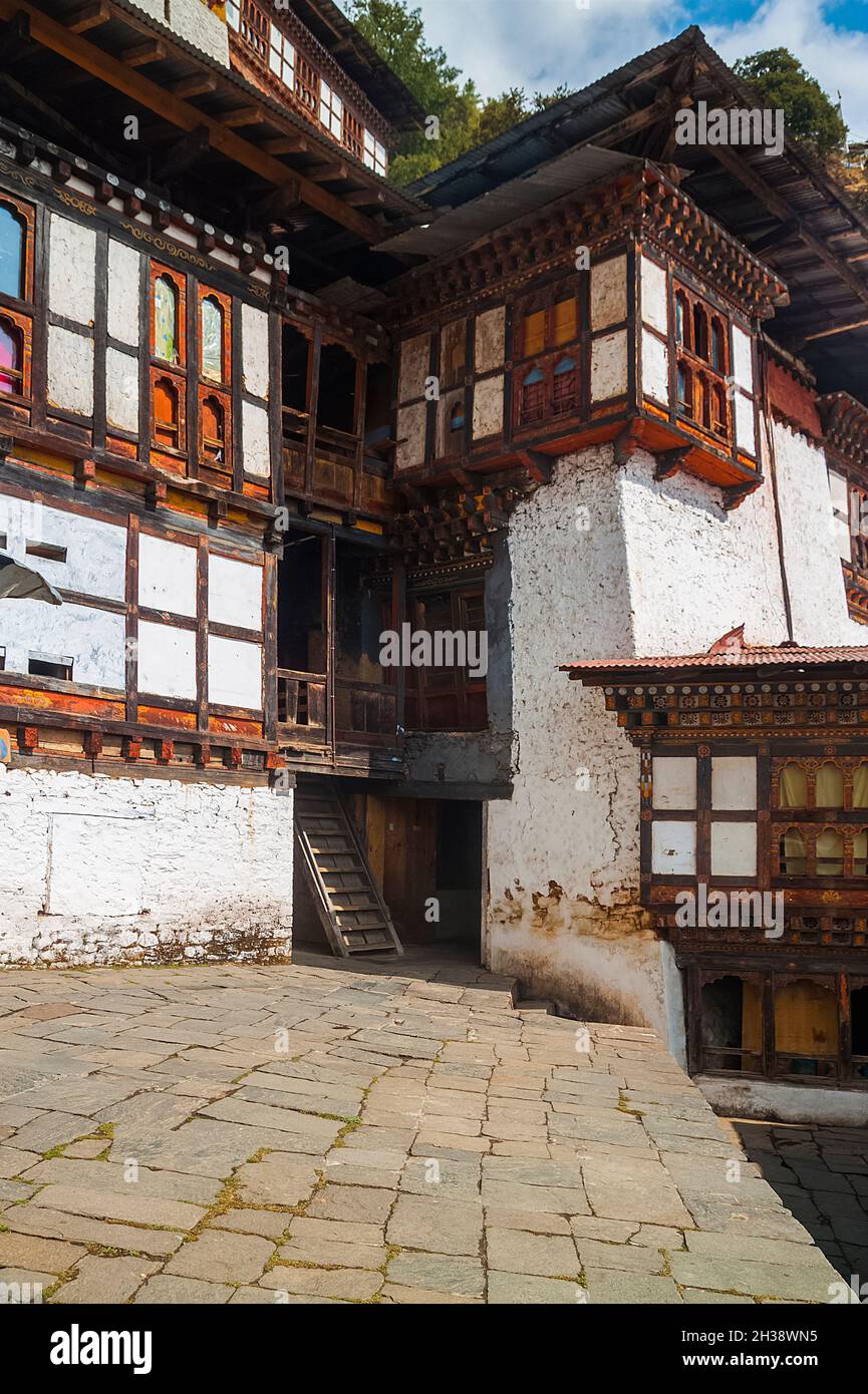 The inner courtyard of the Chagri Cheri Dorjeden Monastery in Bhutan ...
