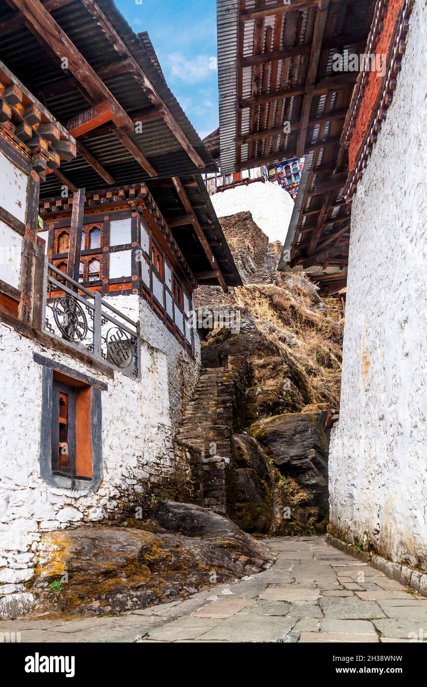 The inner courtyard of the Chagri Cheri Dorjeden Monastery in Bhutan ...