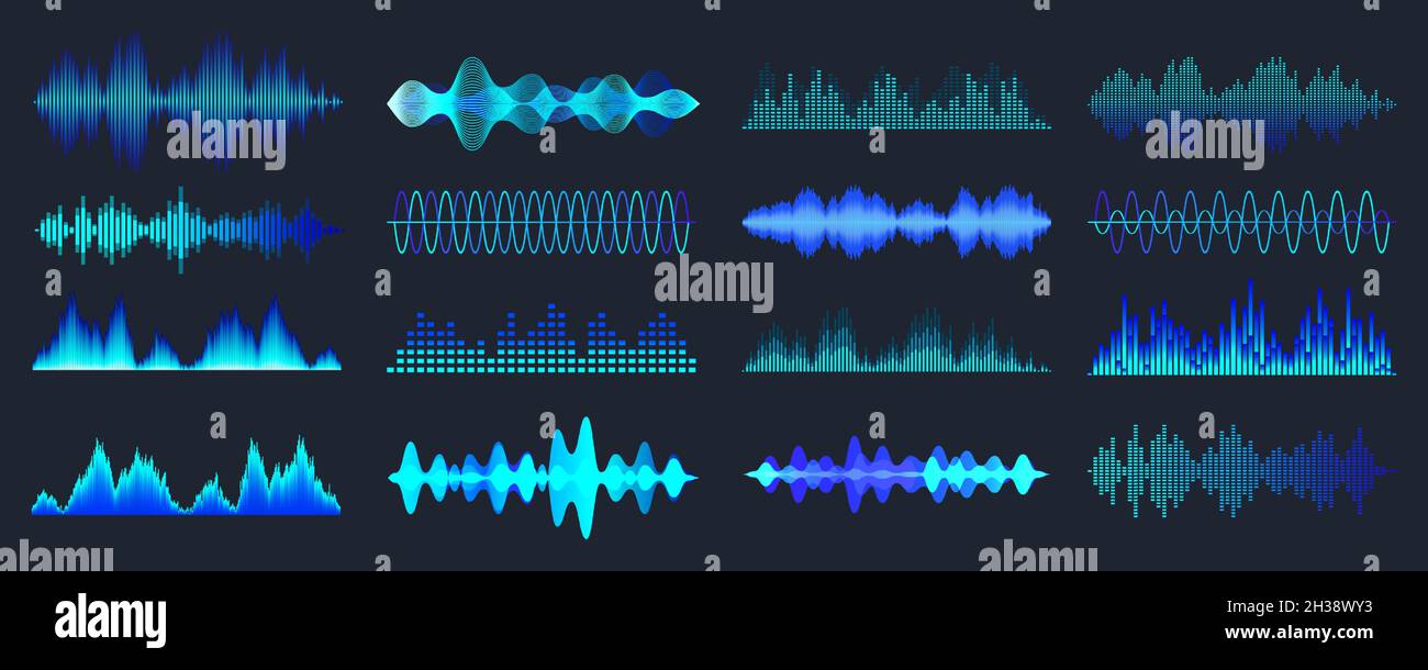 Blue colorful sound waves collection. Analog and digital audio signal ...