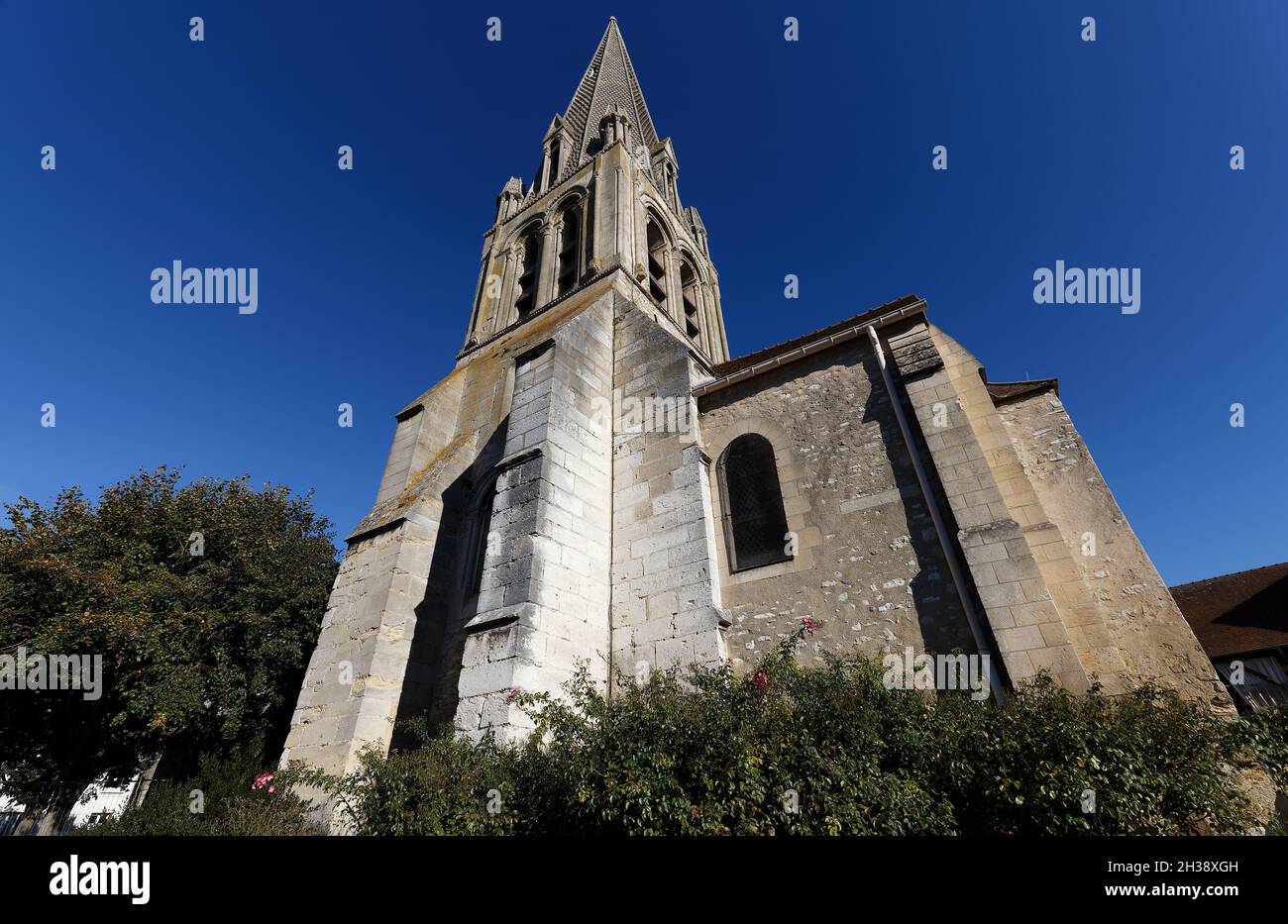 old stone Catholic church Saint Aubin in French village Limay, France ...