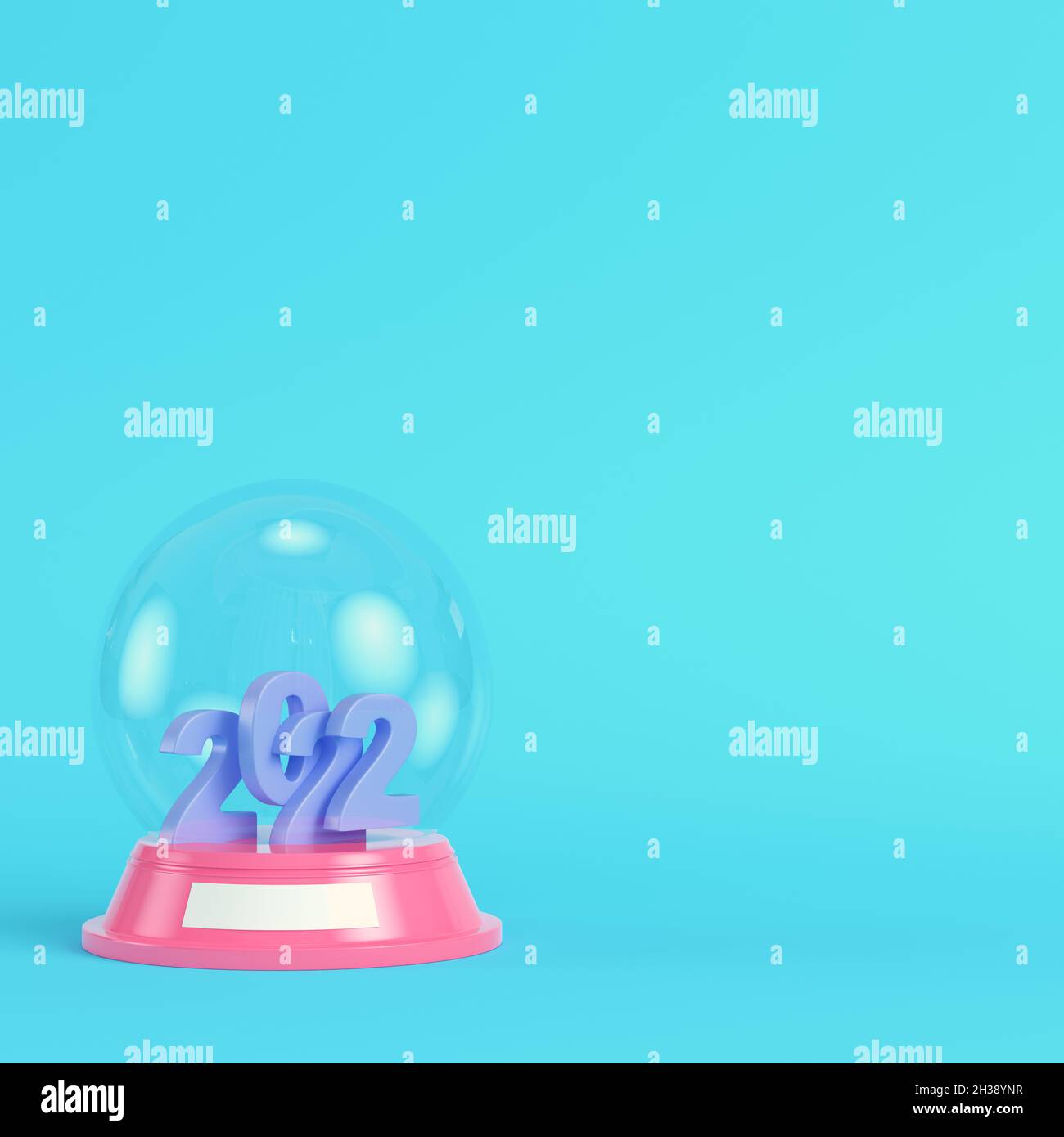 Pink snow globe with christmas bauble and 2022 figures on bright blue ...