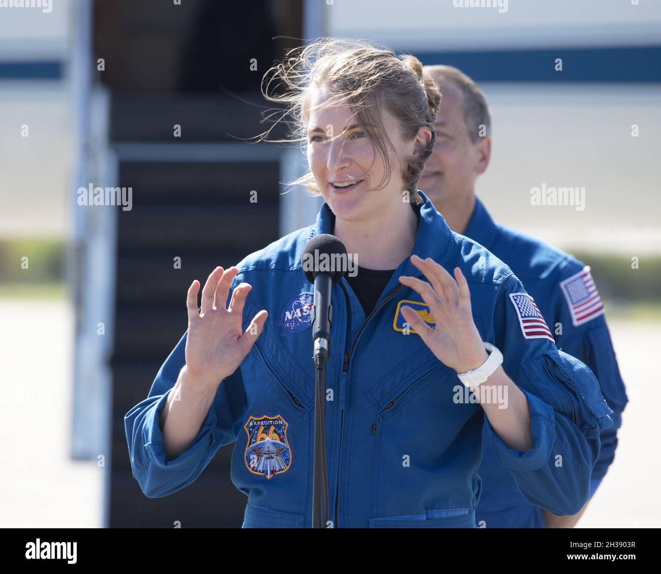 NASA Astronaut Kayla Barron addresses the media following arrival at ...