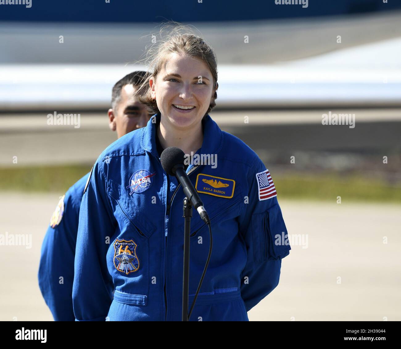 NASA Astronaut Kayla Barron addresses the media following arrival at ...