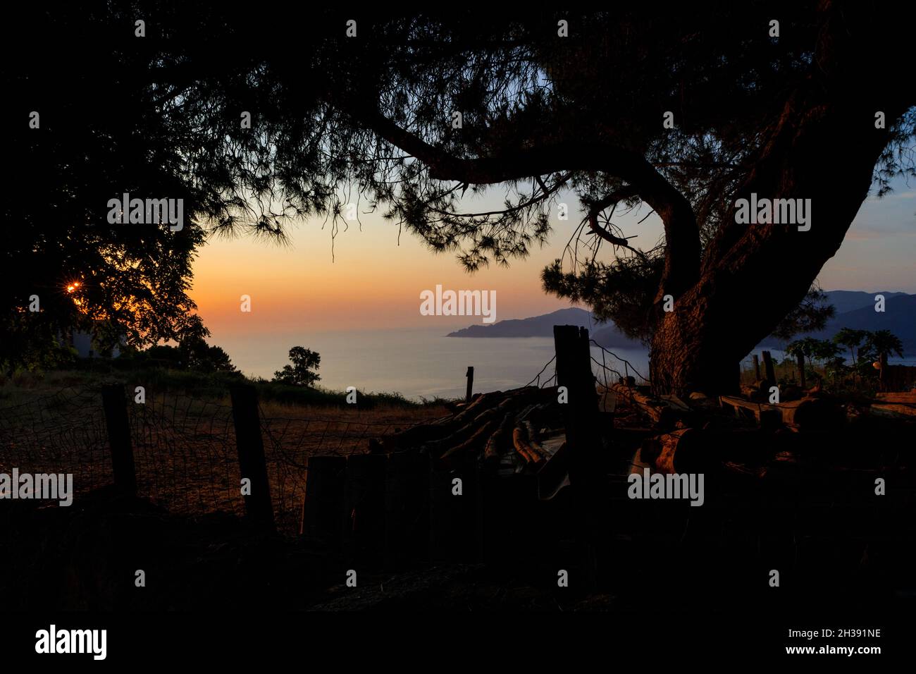 Beautiful orange cloudless sunset sky over the tranquil sea, view from ...