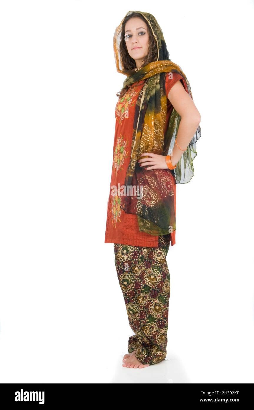 Hindu woman in traditional dress for religious acts and celebrations ...
