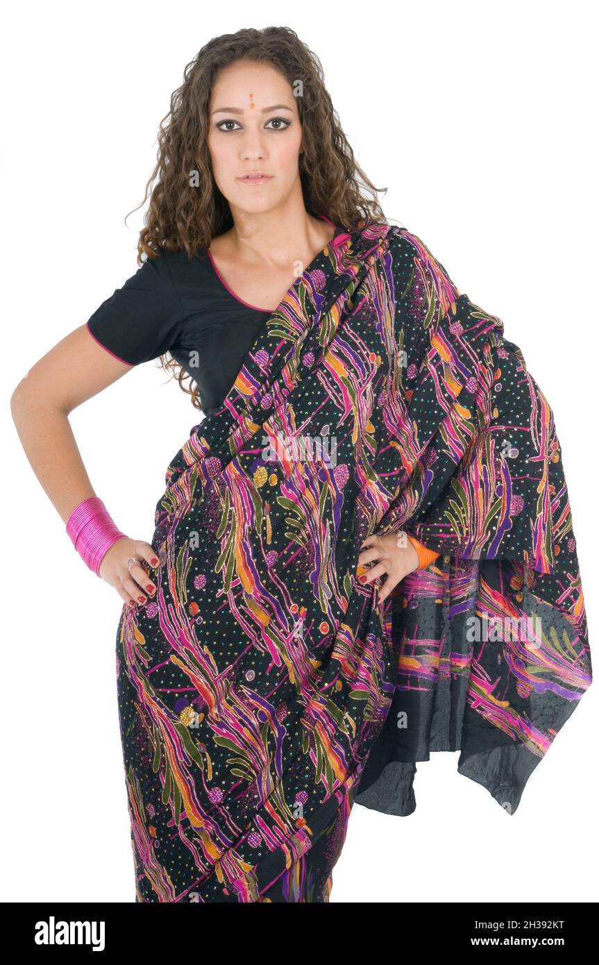 Hindu woman in traditional dress for religious acts and celebrations ...