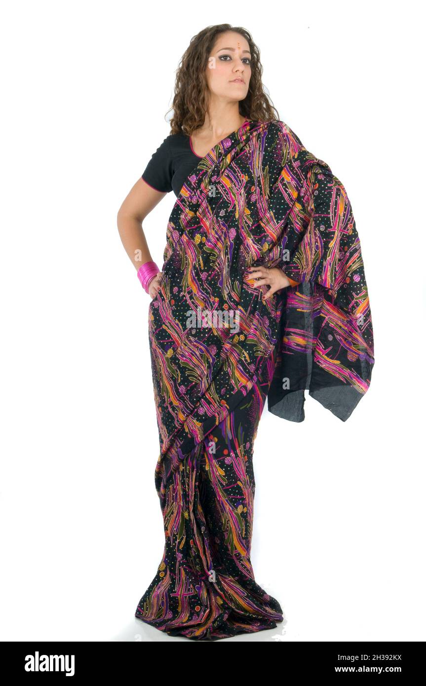 Hindu woman in traditional dress for religious acts and celebrations ...