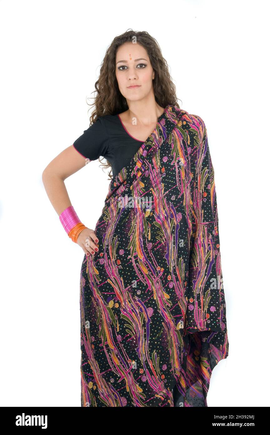 Hindu woman in traditional dress for religious acts and celebrations ...