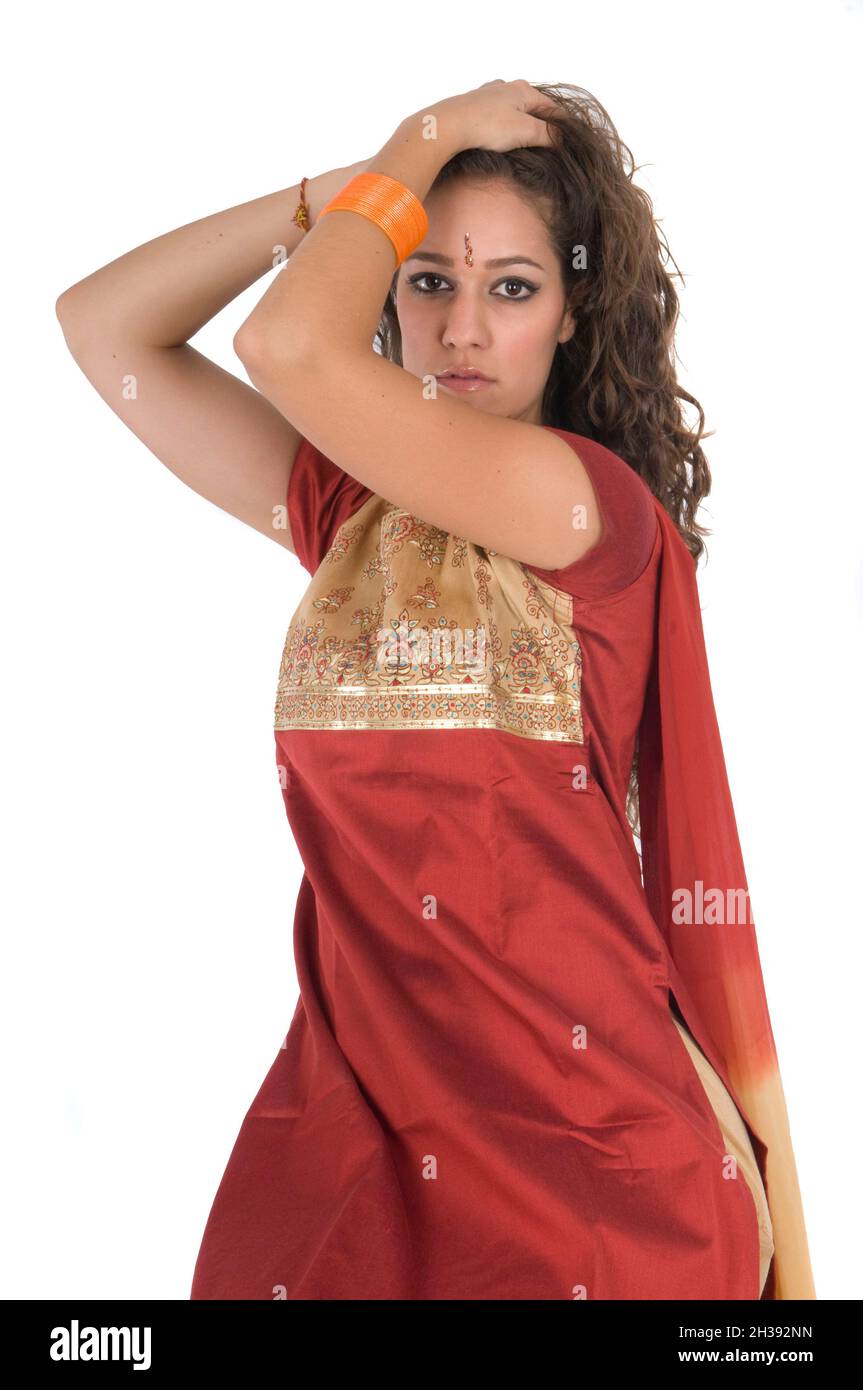 Hindu woman in traditional dress for religious acts and celebrations ...