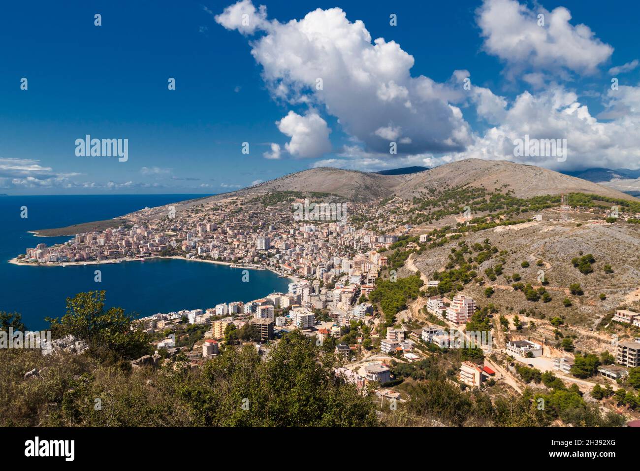 Saranda, Albania - 19 September 2016: View of Saranda town from Lekursi ...