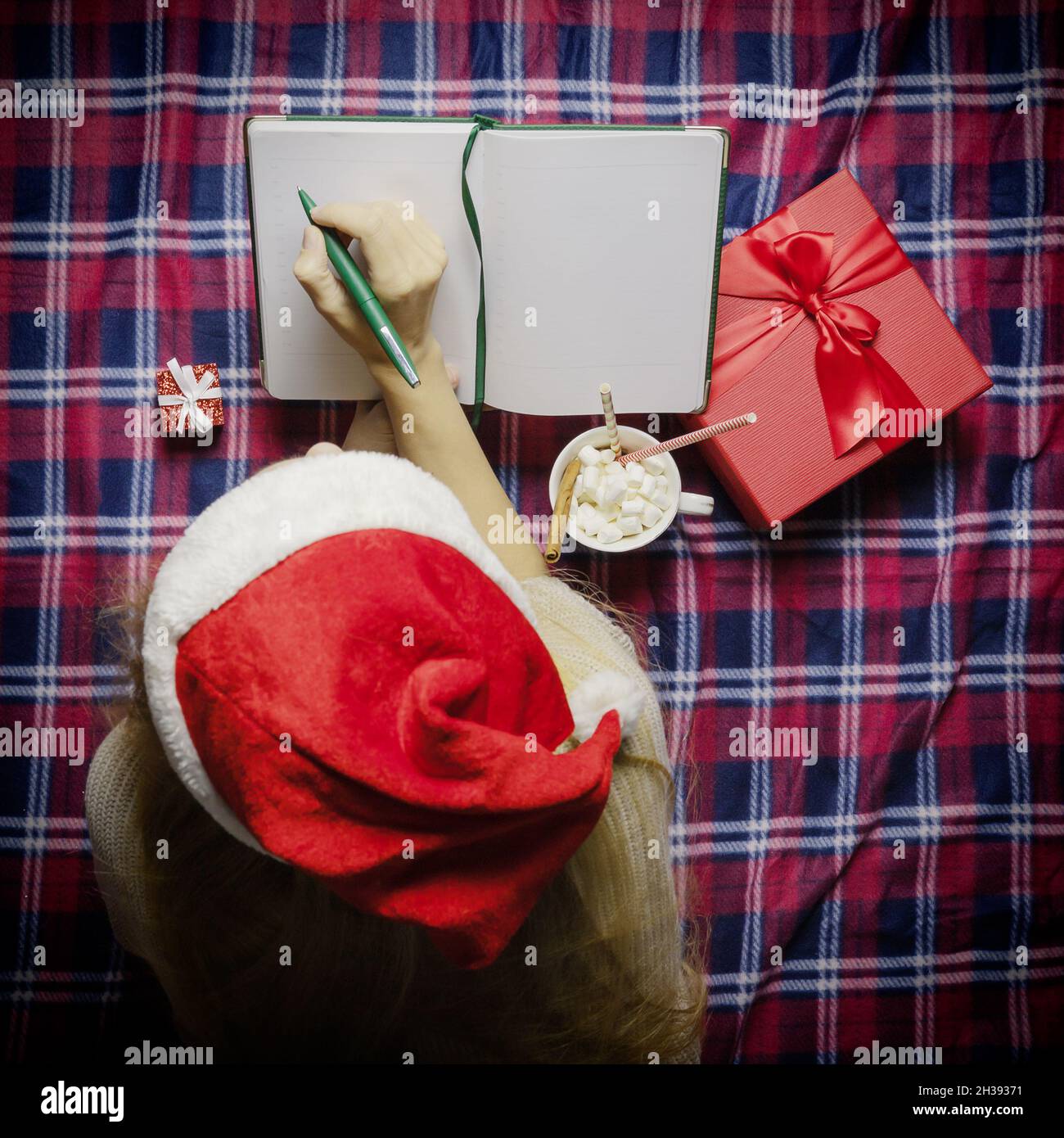 A girl in a Santa hat makes notes in a diary while lying on a plaid ...