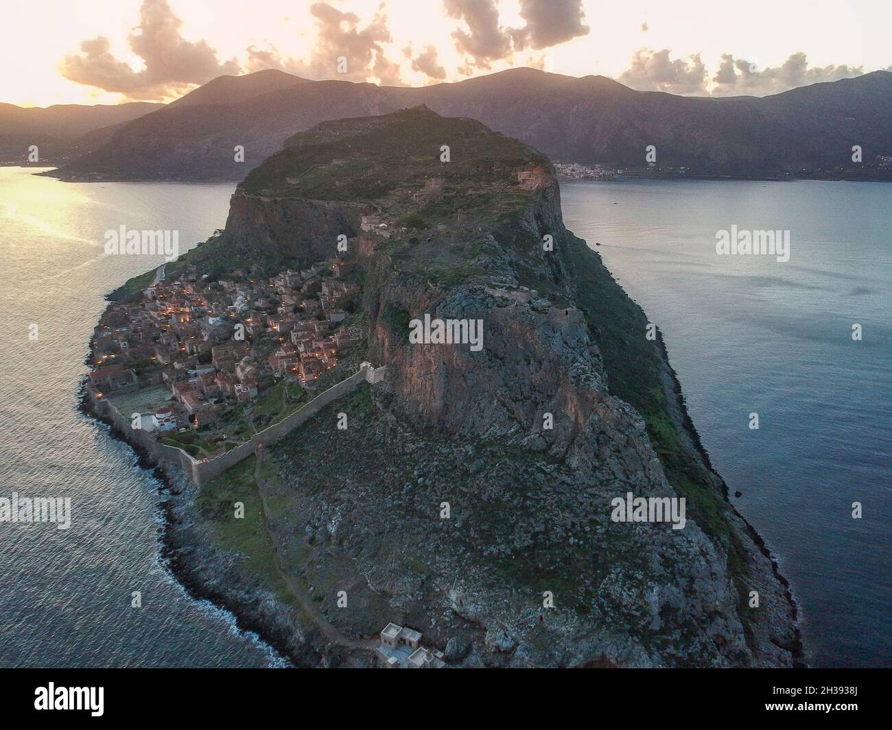 Aerial view of the old medieval castle town of Monemvasia in Lakonia of ...