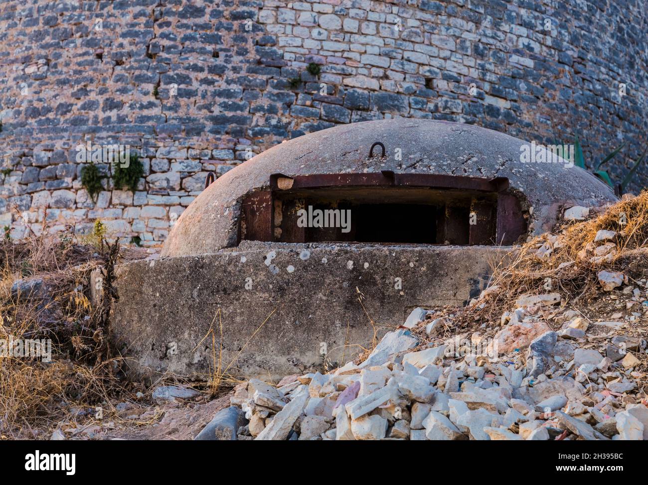 Close-up of one of the countless military concrete bunkers or dots in ...