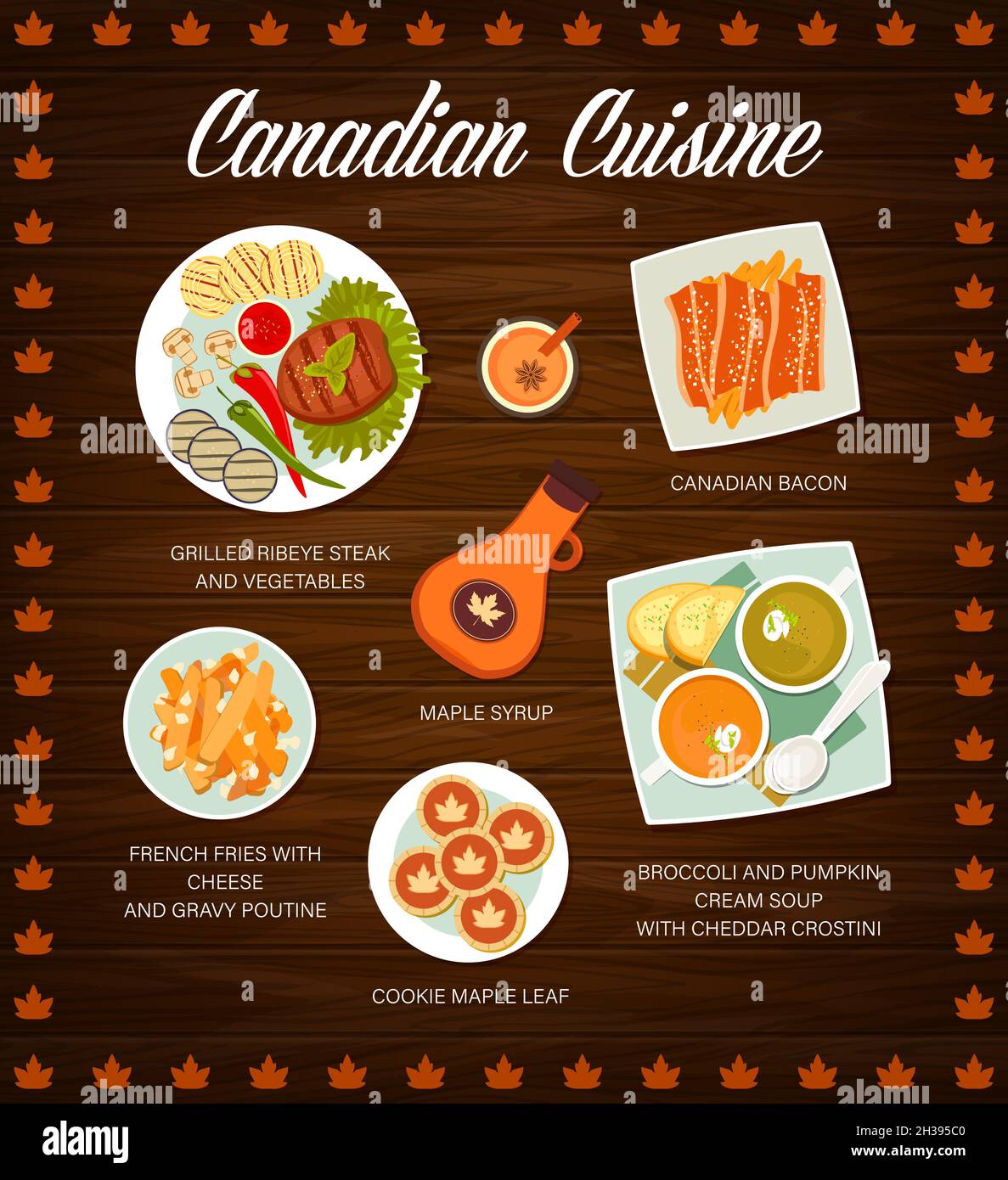 Canadian food restaurant menu template. Broccoli and pumpkin cream soup ...