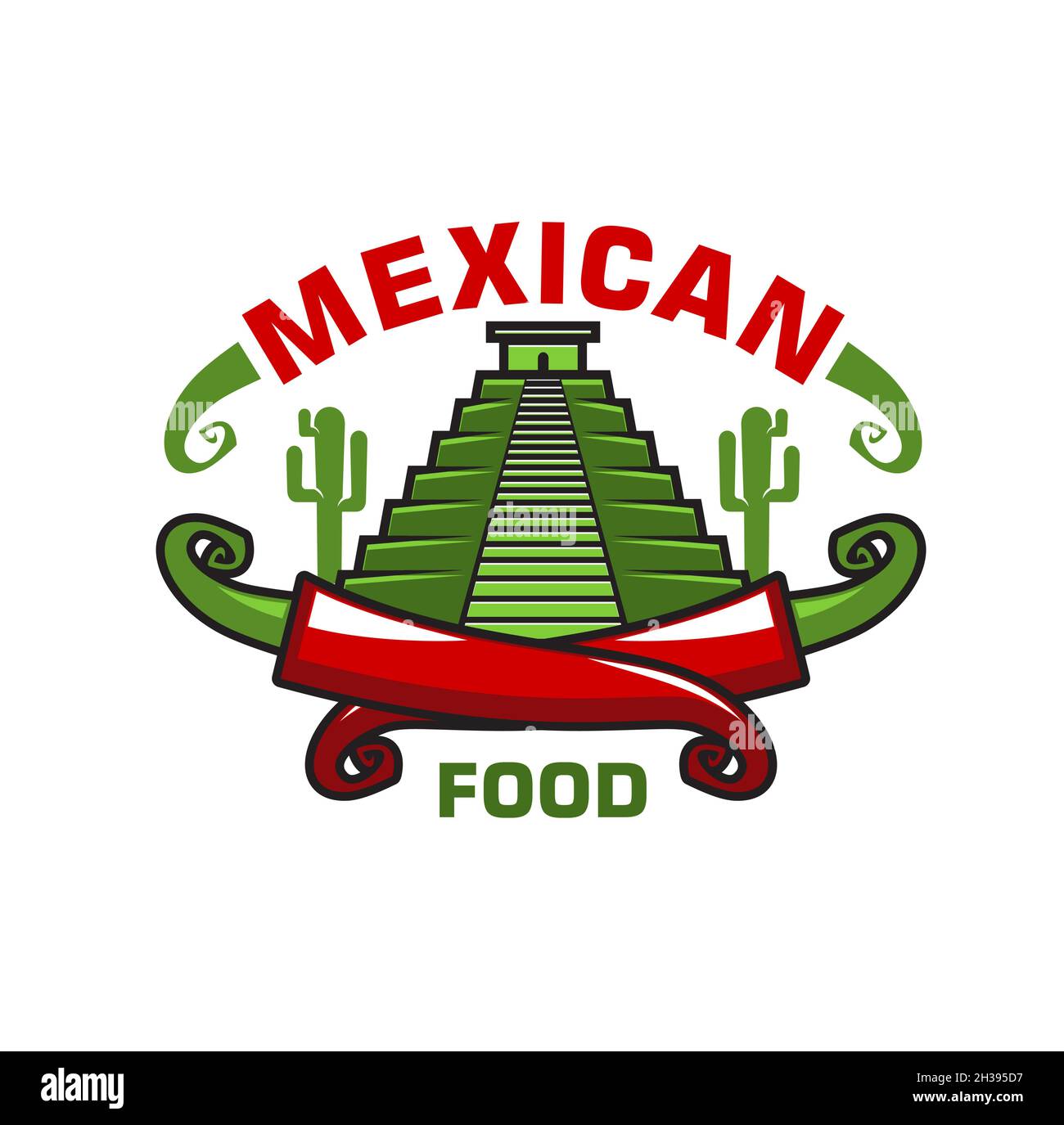 Mexican cuisine food icon with Aztecs or Maya ancient pyramid, cactus ...
