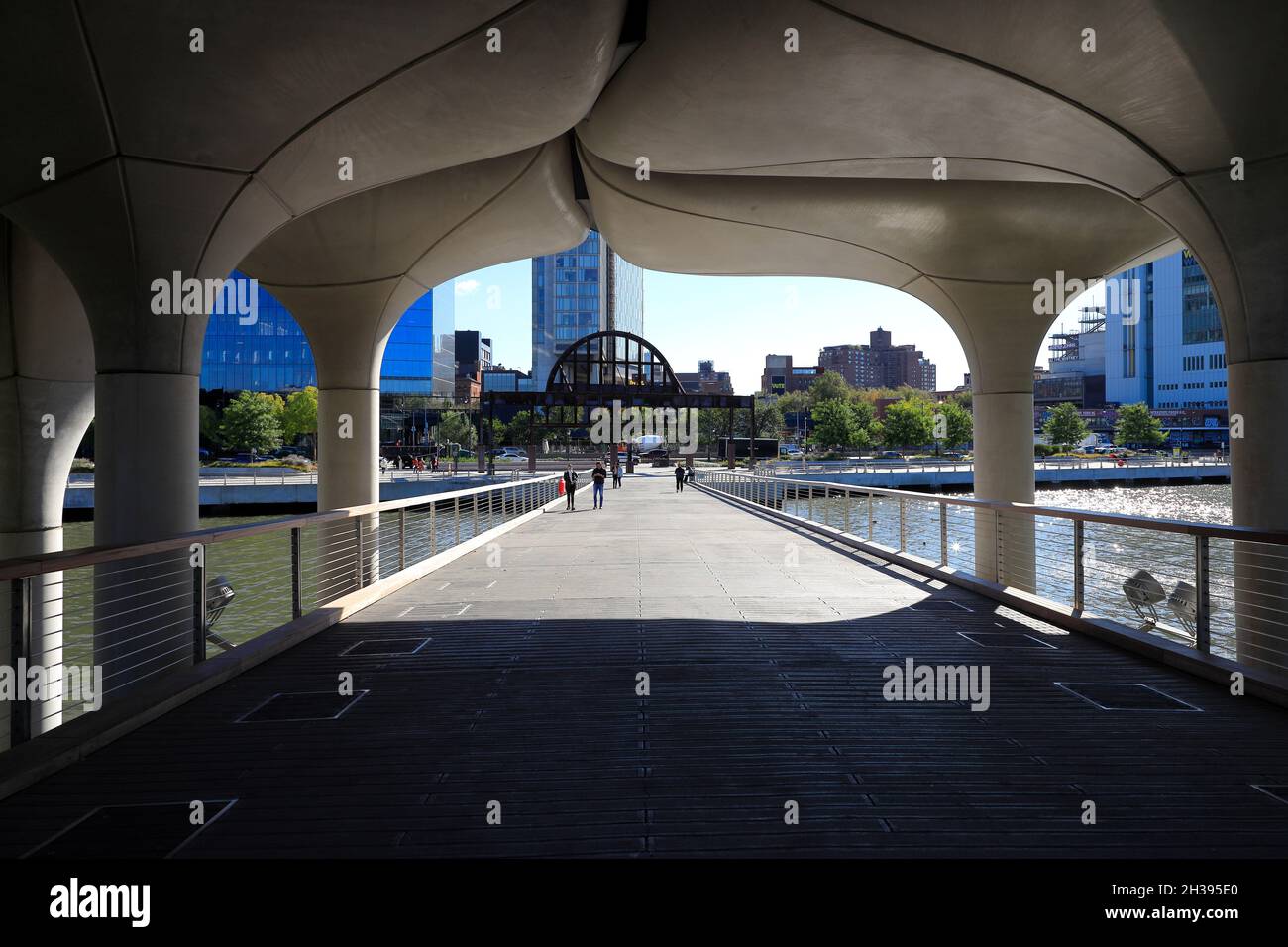 South Bridge of Little Island at Pier 55 seen from tulip shaped pilars ...
