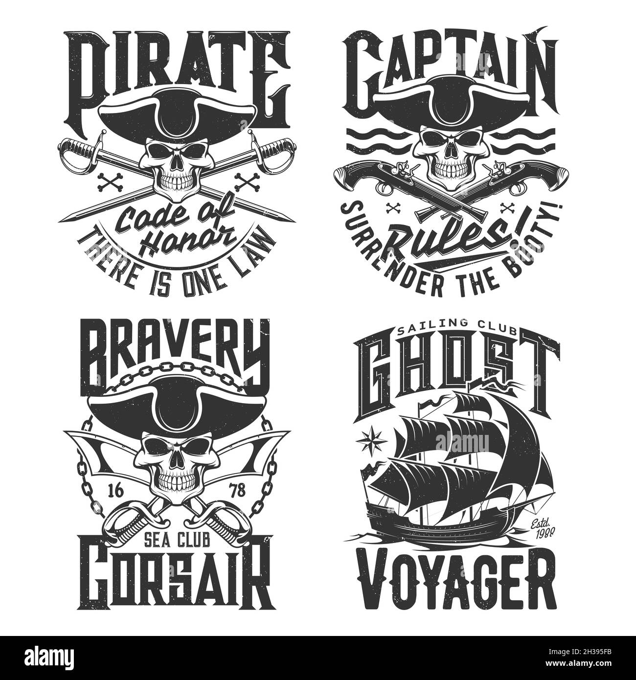 Pirate skulls and sailing club t-shirt prints, ship frigate and sea ...
