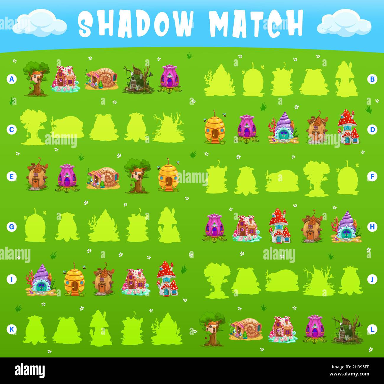 Shadow match game, cartoon fairy houses and dwellings, vector kids ...