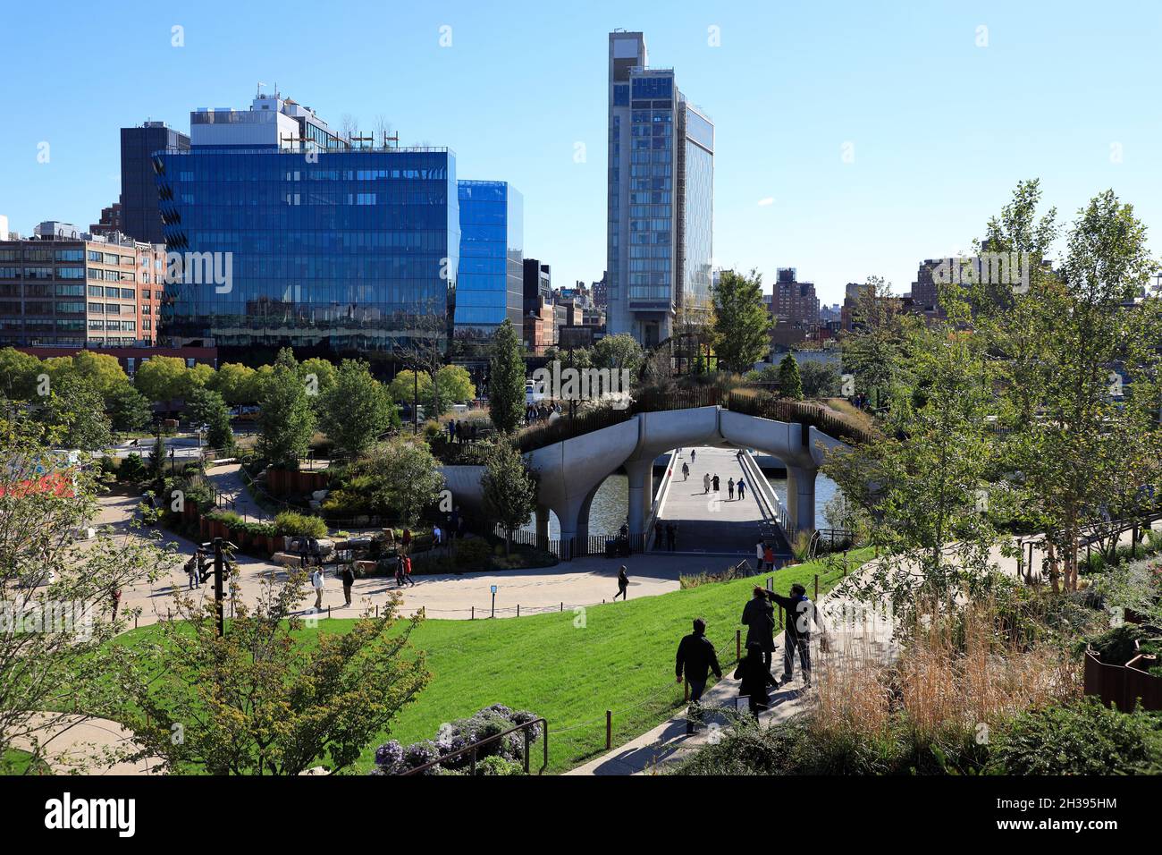 Little Island at pier 55 with skyline of West Side Manhattan in the ...