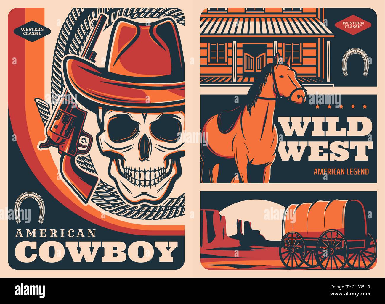 Wild west vintage posters. Western revolver gun, skull in cowboy hat ...