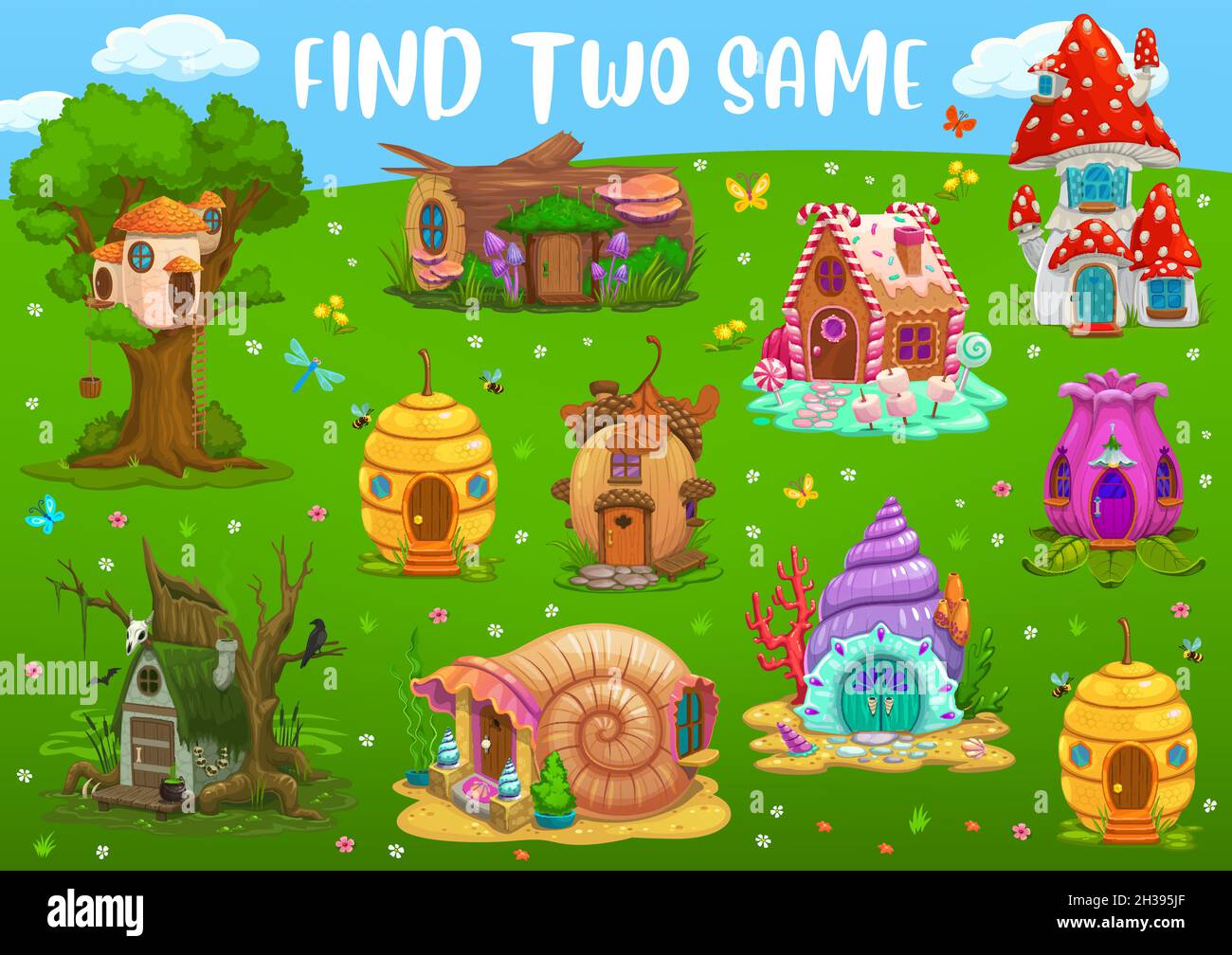 Find two same fantasy dwelling houses, kids maze game, vector tabletop ...