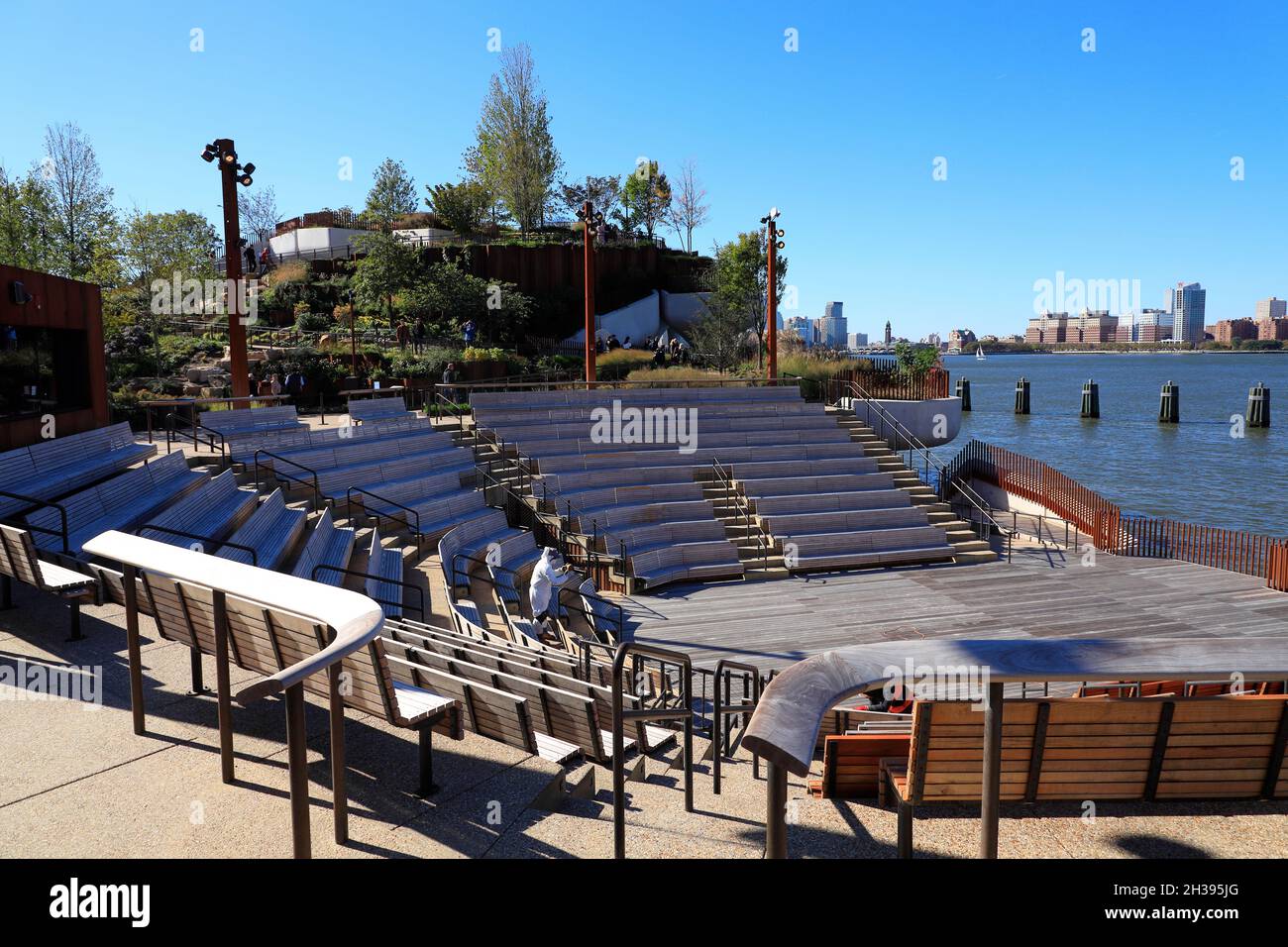 The Amphitheater of Little Island at Pier 55 with Hudson River and ...