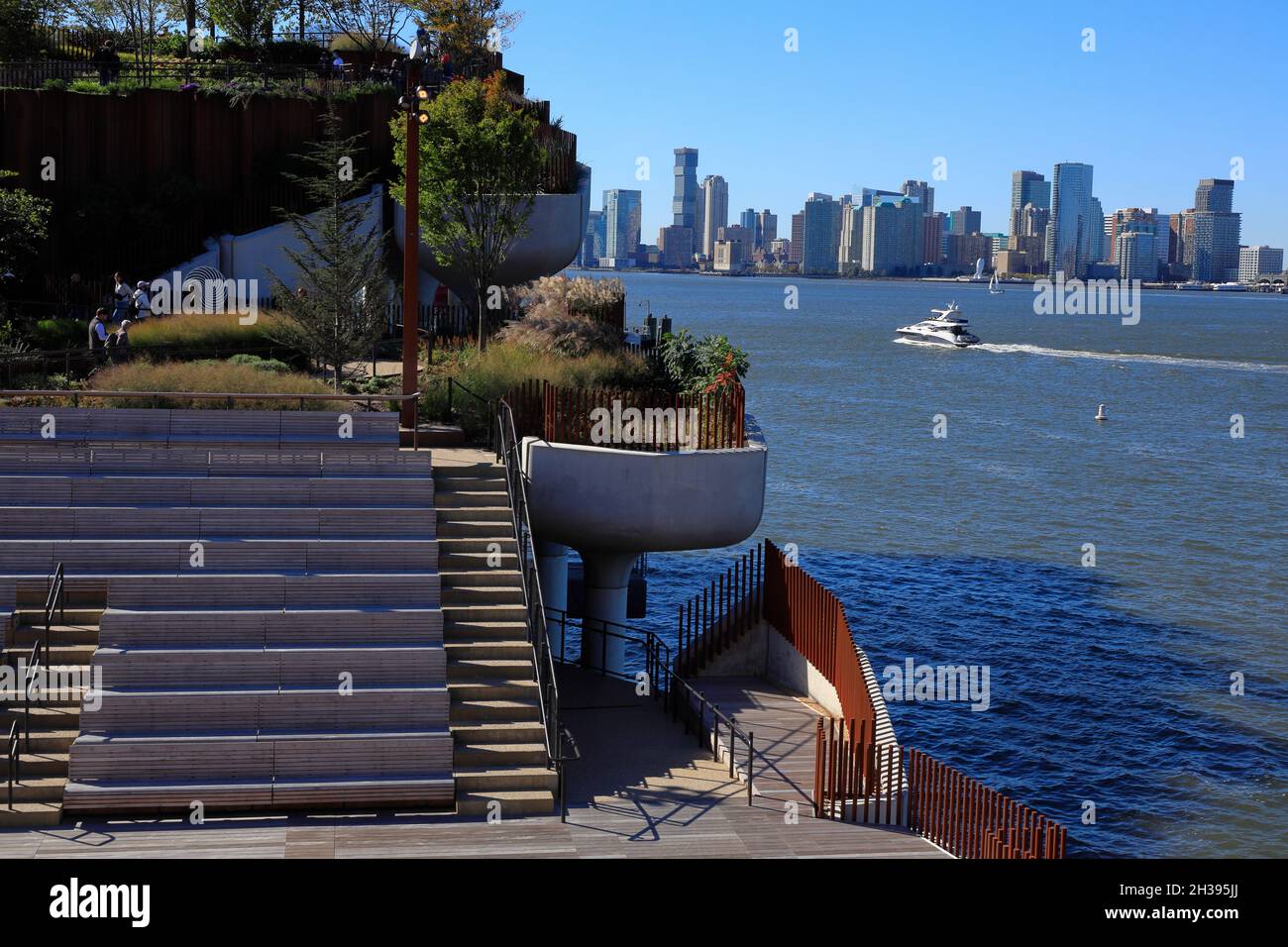 The Amphitheater of Little Island at Pier 55 with Hudson River and ...
