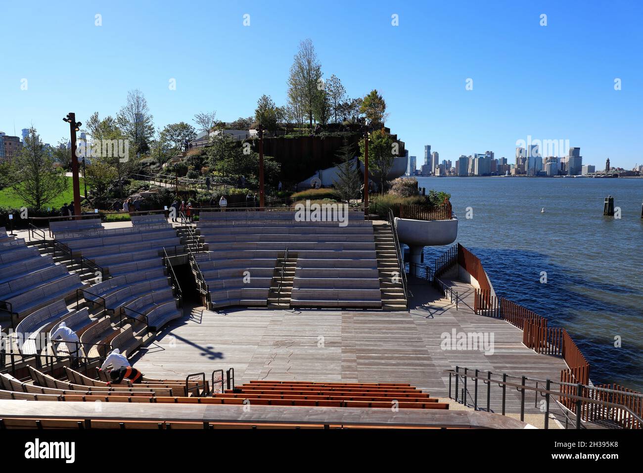 The Amphitheater of Little Island at Pier 55 with Hudson River and ...