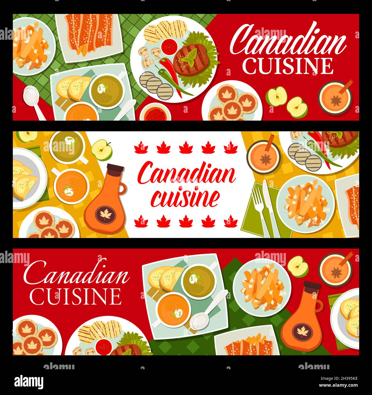 Canadian food restaurant meals banners. Maple syrup, french fries with ... Canadian food restaurant meals banners. Maple syrup, french fries with ...