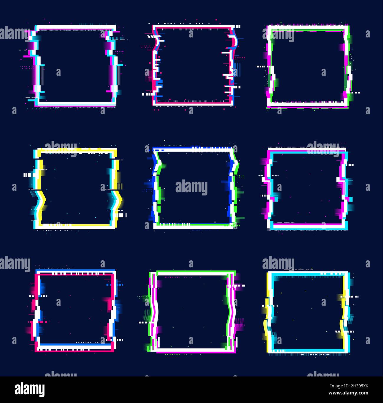 Glitch banner square frames. Colored abstract borders with glitch effect. Vector distorted neon ...