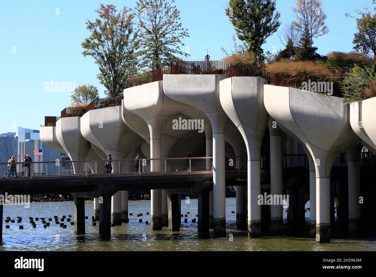 The view of Little Island at Pier 55 with it's South Bridge from Hudson ...