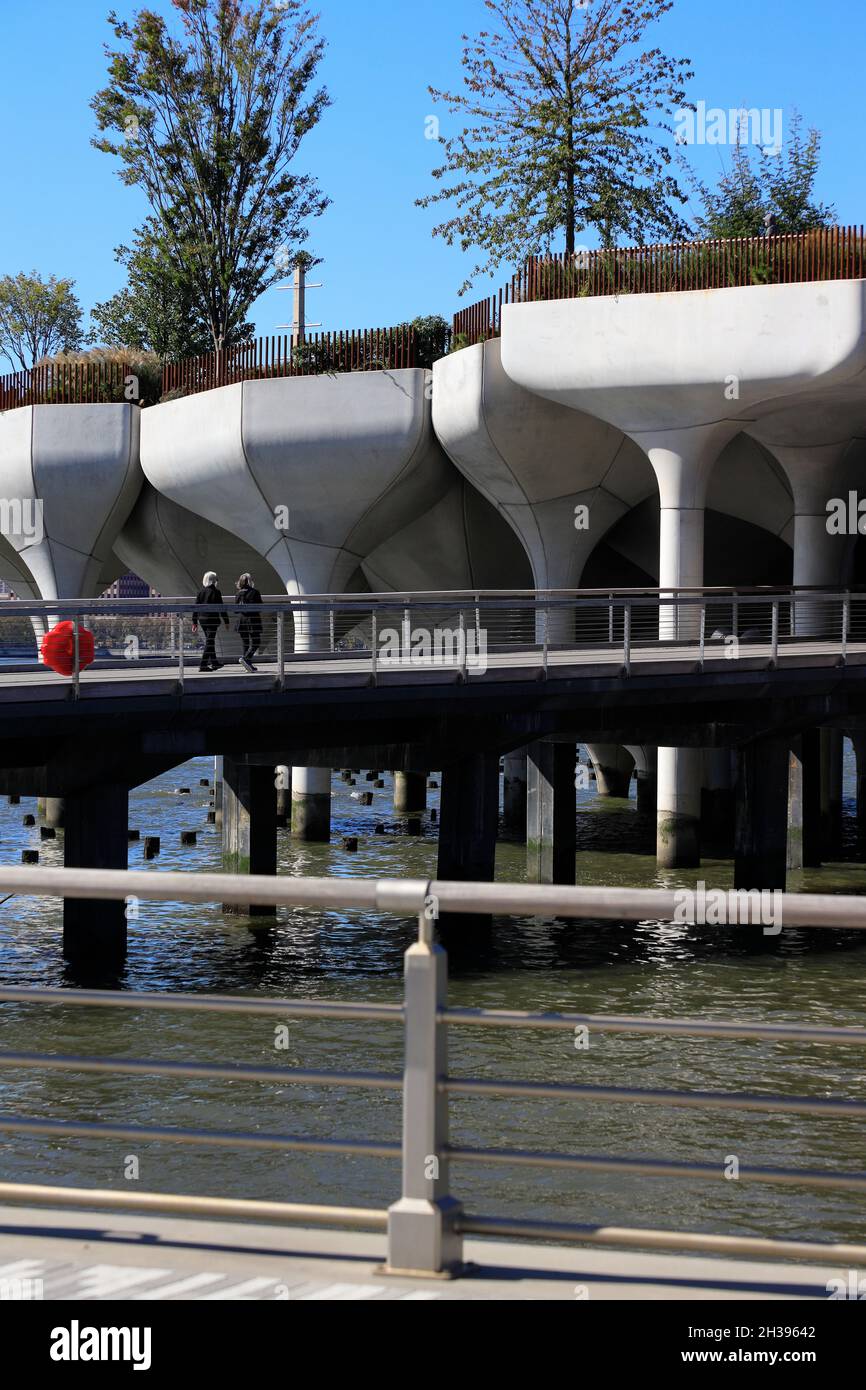 The view of Little Island at Pier 55 with it's South Bridge from Hudson ...