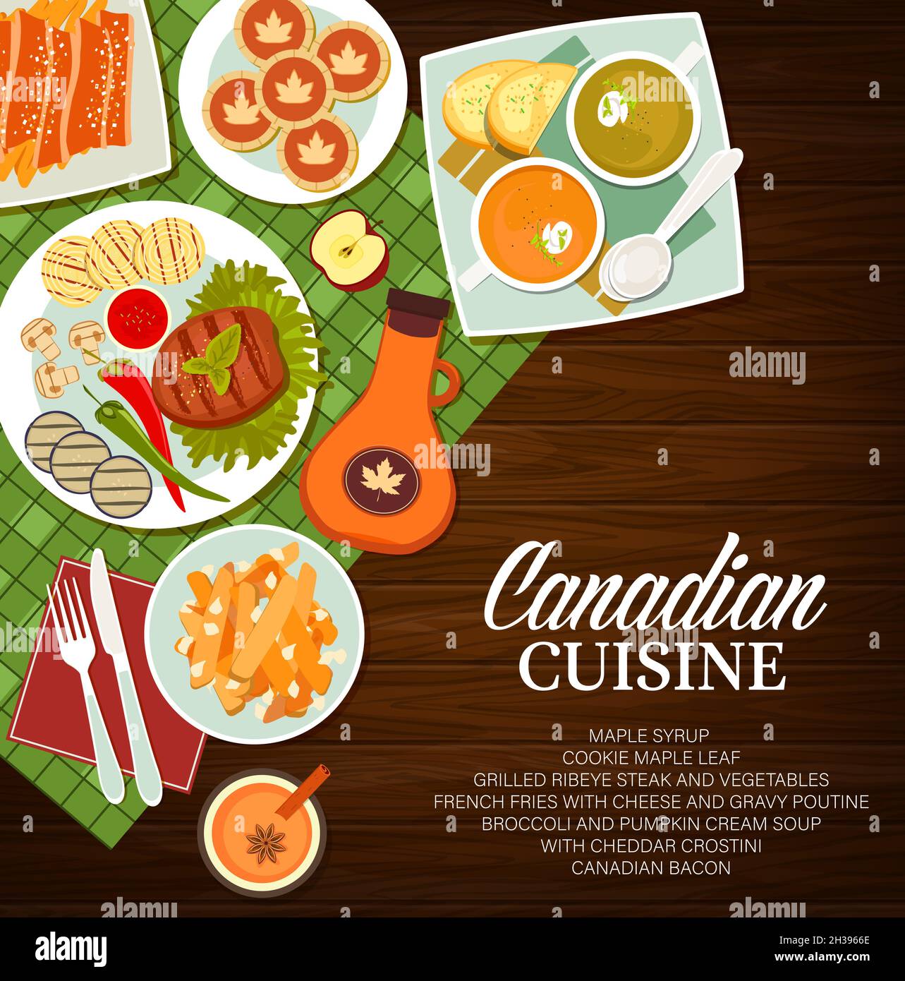 Canadian cuisine restaurant meals menu cover. Maple leaf cookies and ...