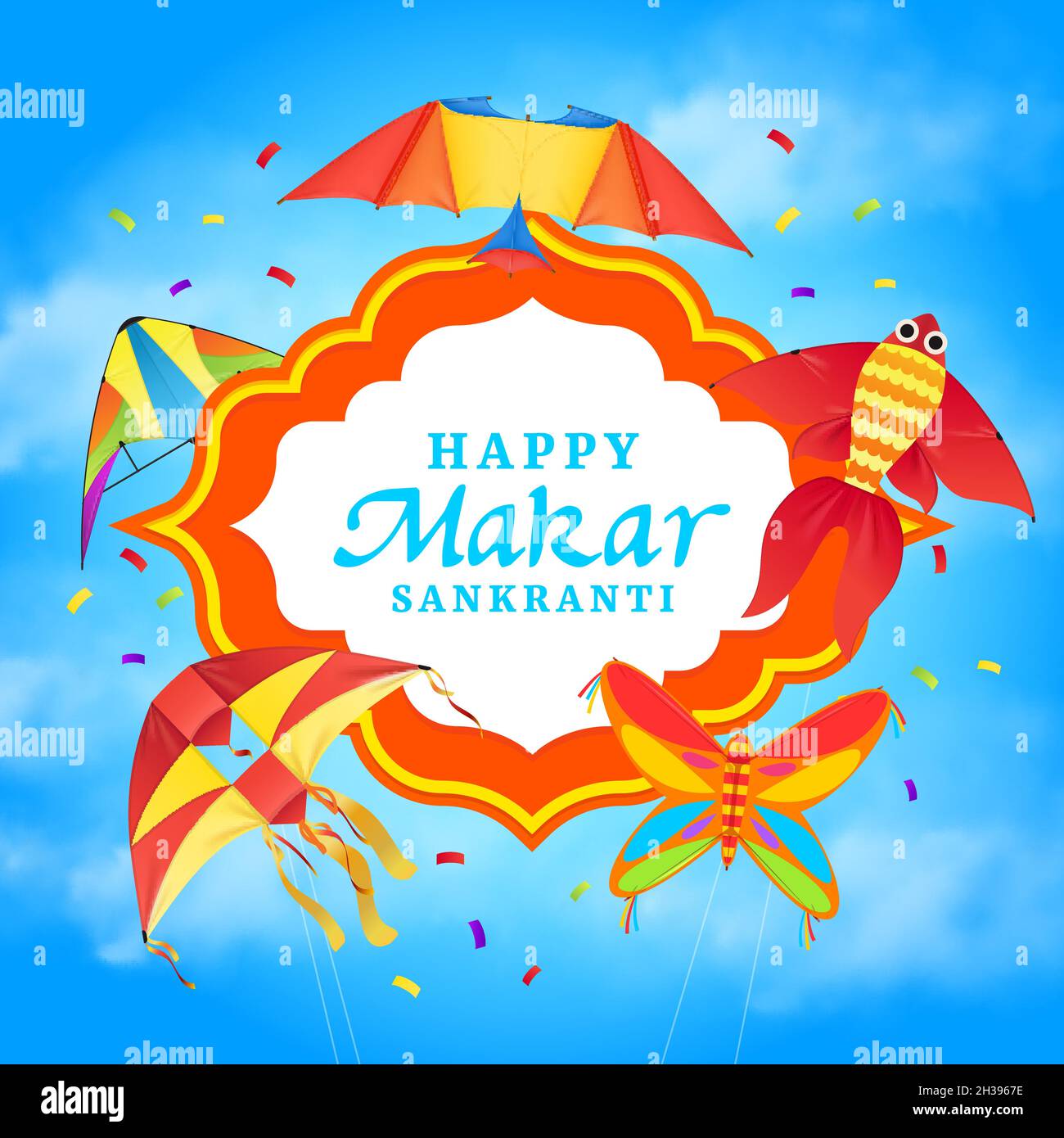 Makar Sankranti holiday vector banner with kites of Indian religion ...