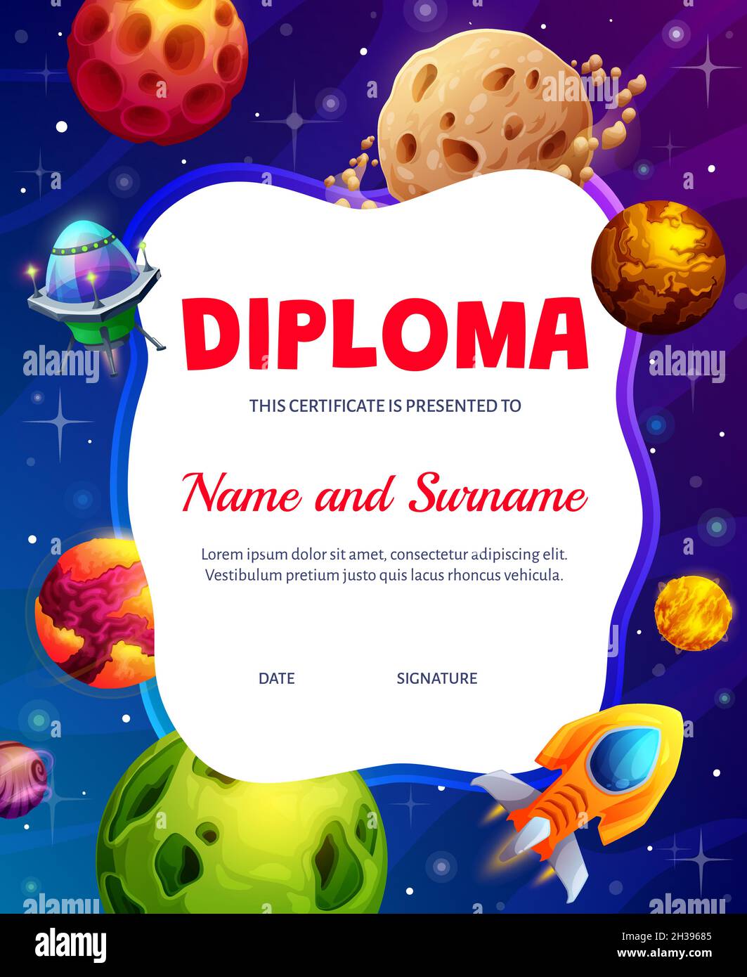 Kids diploma. Cartoon starship in fantastic universe galaxy. Vector ...