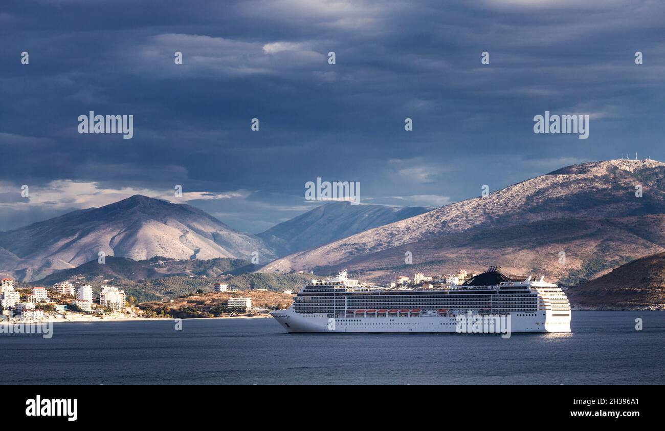 Big cruise ship sails to the sea port of Saranda, Albania. Albanian ...