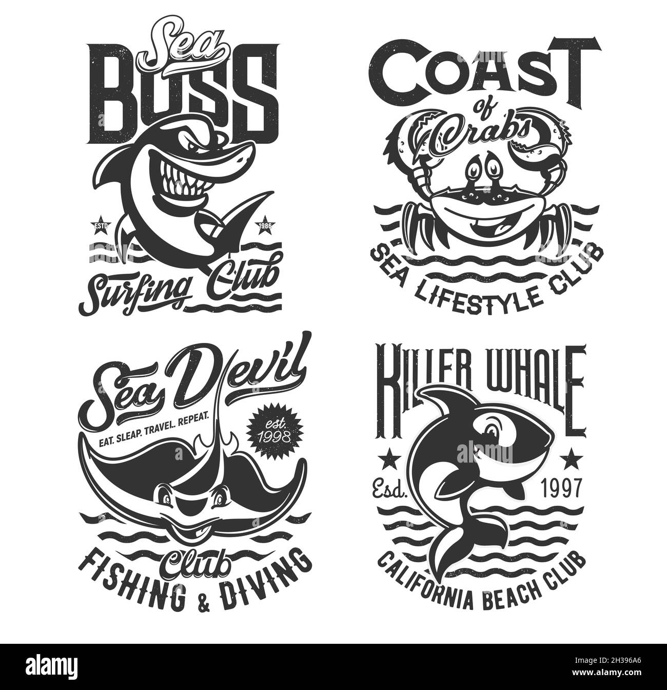 Surfing, diving and fishing t shirt prints, waves of sea and ocean ...