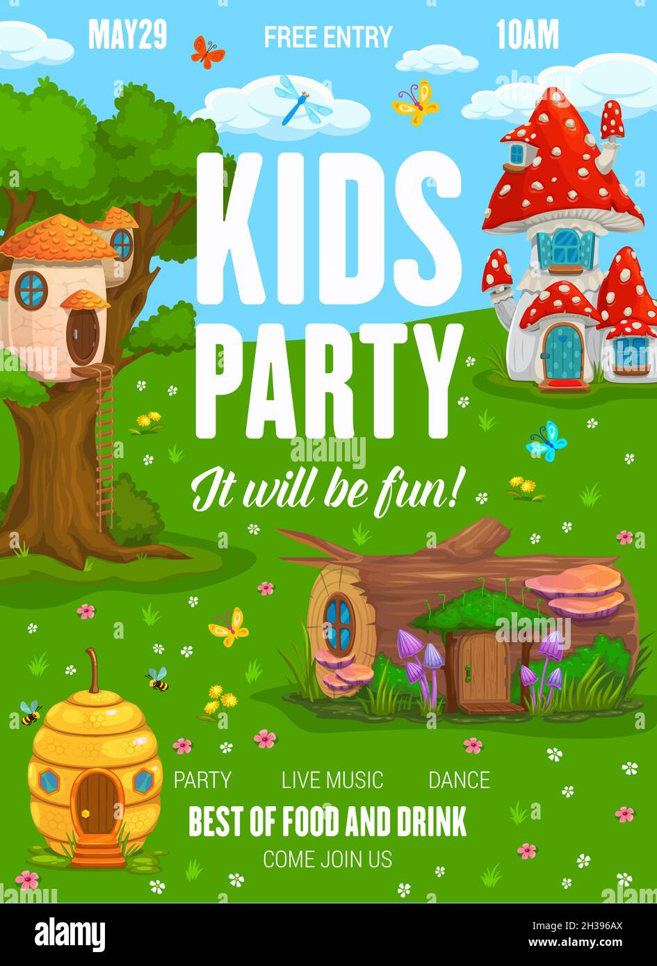 Kids party flyer with fairy fantasy houses and dwellings of gnomes ...