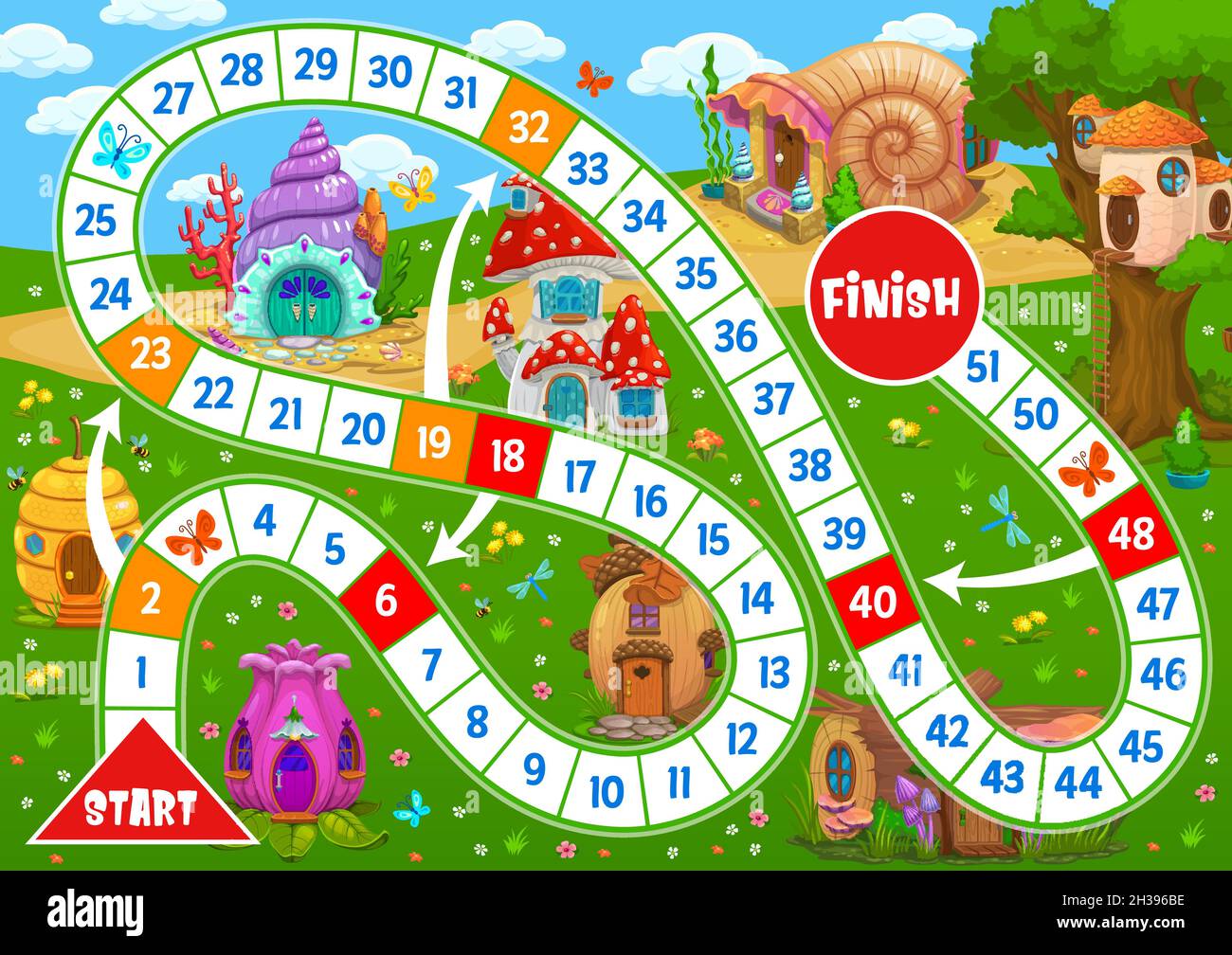 Kids board game with cartoon fairy houses and dwellings. Child roll and ...