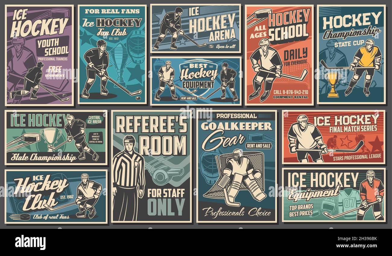 Hockey players vintage posters and banners. Ice hockey championship ...