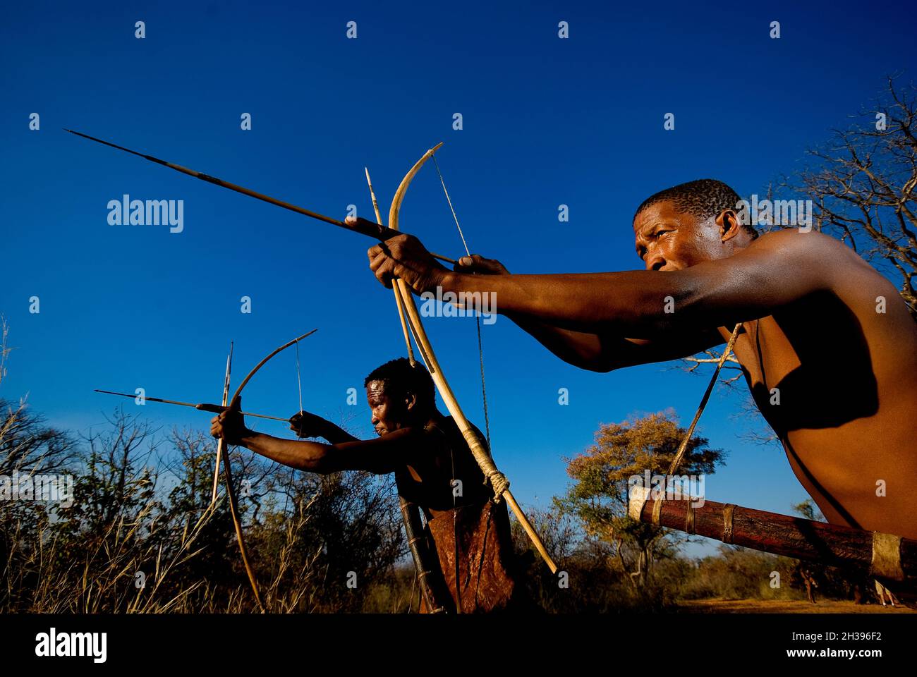Bushman men simulating a hunt at Grashoek, Namibia Stock Photo - Alamy