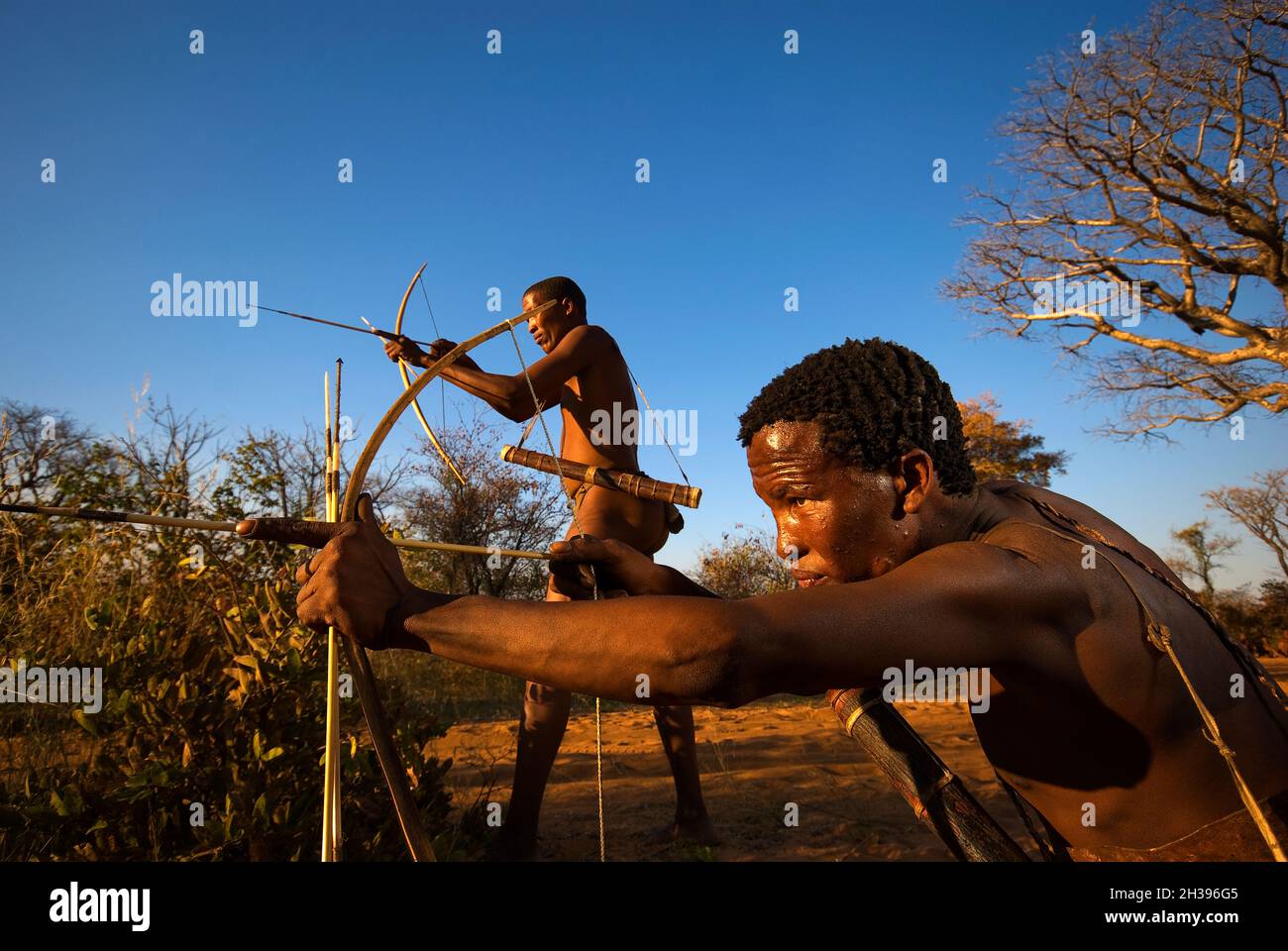 Bushman men simulating a hunt at Grashoek, Namibia Stock Photo - Alamy