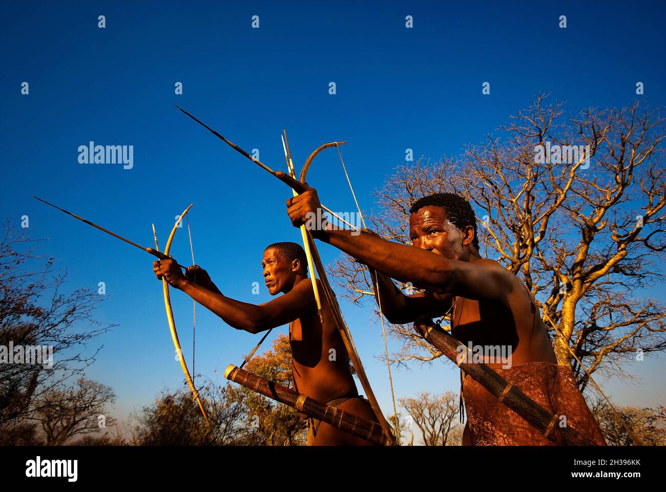 Bushman men simulating a hunt at Grashoek, Namibia Stock Photo - Alamy