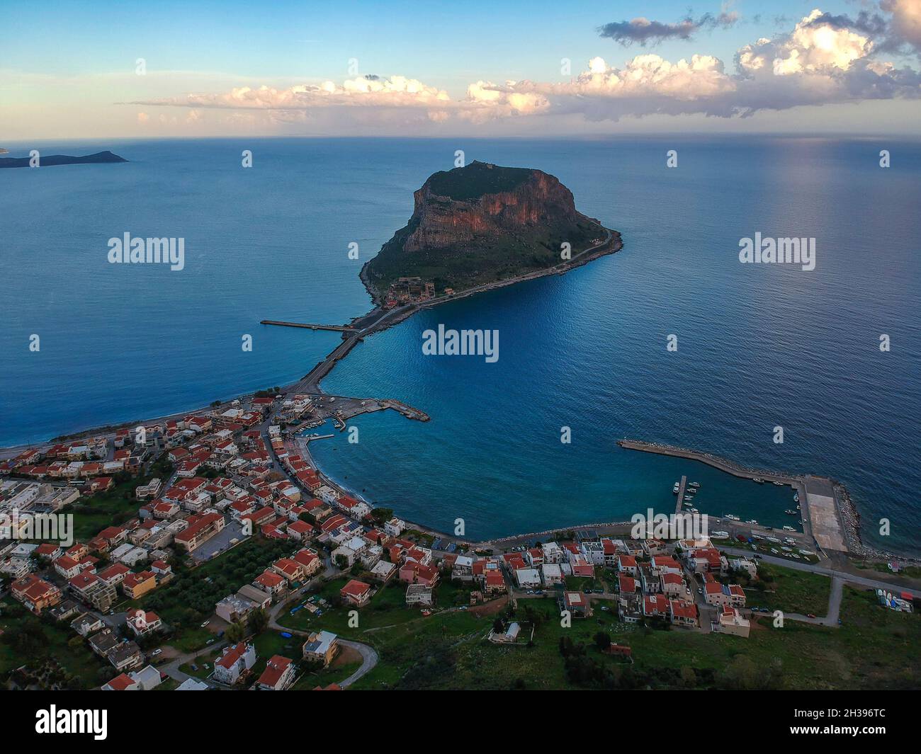 Aerial view of the old medieval castle town of Monemvasia in Lakonia of ...