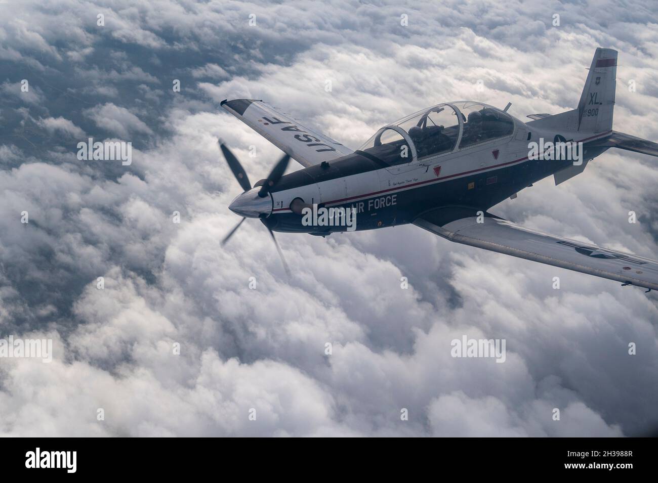 A Texan II T-6 fly’s though the air as it performs standard training ...