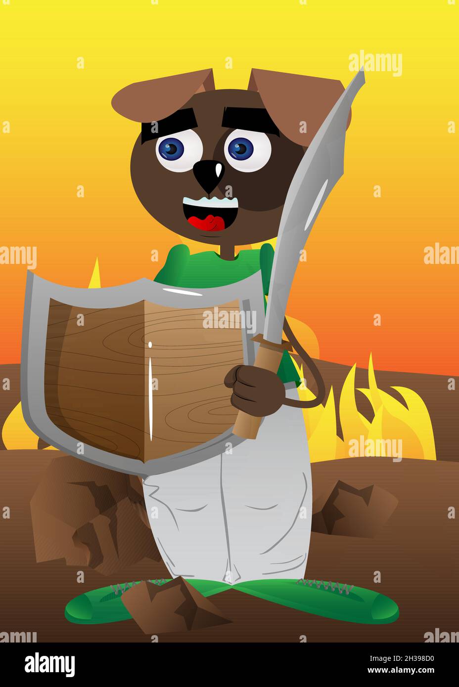 Funny cartoon dog holding a sword and shield. Vector illustration Stock ...