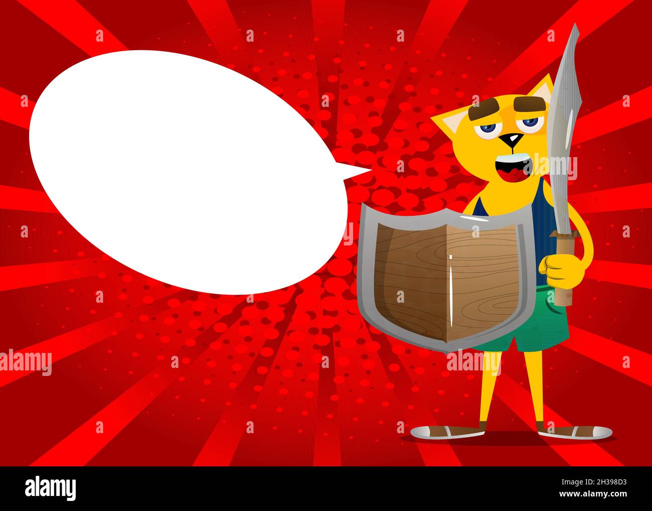 Funny cartoon cat holding a sword and shield. Vector illustration. Cute ...