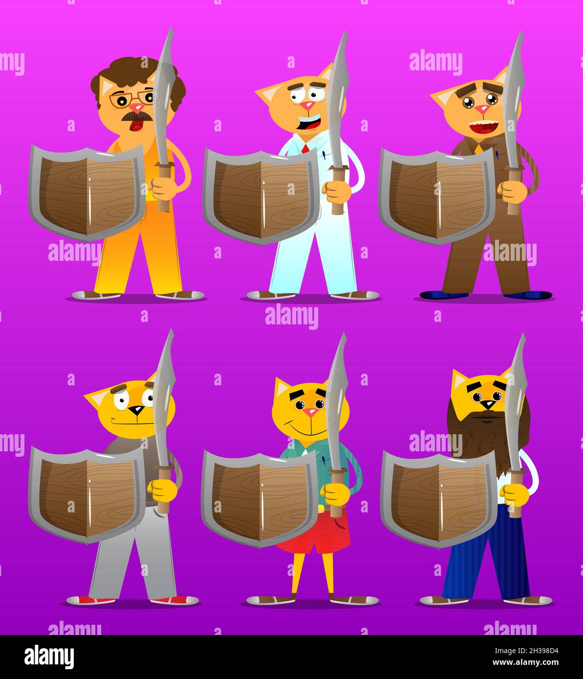 Funny cartoon cat holding a sword and shield. Vector illustration. Cute ...